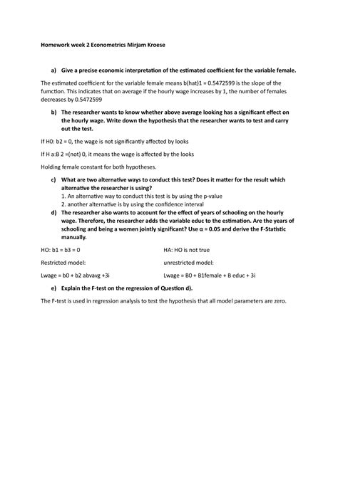 Homework Econometrics Week 2 Homework Week 2 Econometrics Mirjam