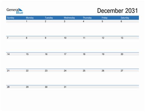 Editable Calendar Template For December 2031