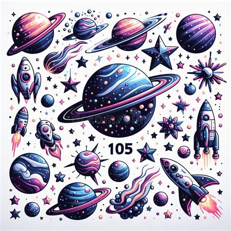 Space Themed Designs With Planets Shooting Stars And Spacehip Stock Illustration