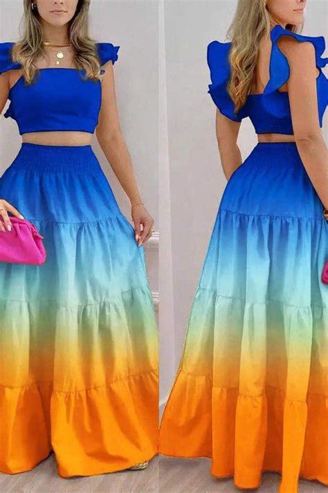 Sunset Lover Crop Top Large Skirt Set Crop Top Skirt Set Ruffles