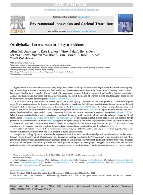 Pdf On Digitalization And Sustainability Transitions