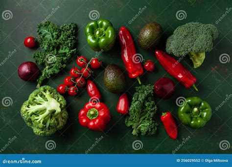 Assorted Red And Green Vegetables Tomatoes Bell Peppers Kale Avocado