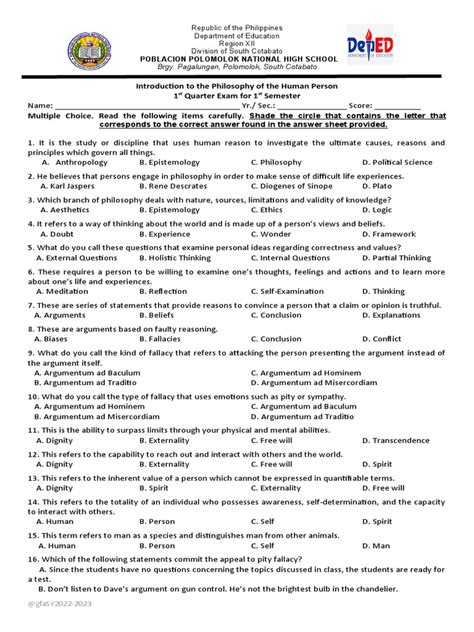 1st Quarter Exam In Intro To Philo Pdf Knowledge Reason