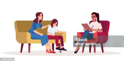 가족 심리 치료 세션 세미 플랫 Rgb 색상 벡터 그림입니다 어머니와 딸의 관계 토크 테라피 과도기 연령 심리학 상담 흰색에 고립 된 만화 캐릭터 아이에 대한 스톡 벡터