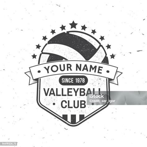 배구 클럽 배지 디자인 벡터 그림입니다 대학 리그 스포츠 클럽 엠블럼 사인 로고 빈티지 흑백 라벨 스티커 배구 공 실루엣 패치 Championship에 대한 스톡 벡터 아트