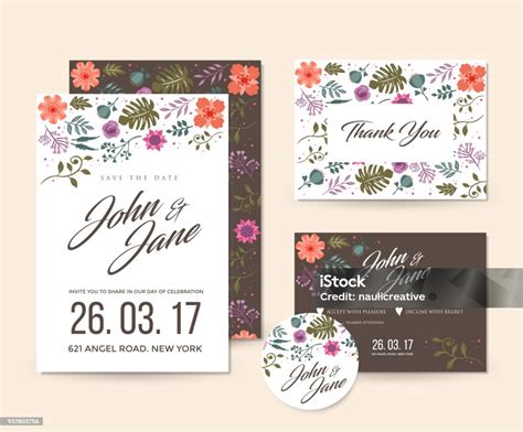 현대 날짜 꽃 결혼식 초대 카드 템플릿 일러스트 세트 저장 Rsvp에 대한 스톡 벡터 아트 및 기타 이미지 Rsvp 가을 감사합니다 Istock