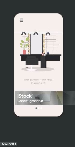 의자 거울과 가구 미용실 개념 스마트 폰 화면 모바일 앱 복사 공간 수직현대 헤어 살롱 의자에 대한 스톡 벡터 아트 및 기타 이미지 의자 헤어 스타일리스트 0명