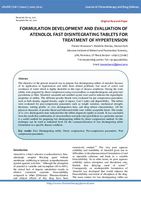 Pdf Formulation Development And Evaluation Of Atenolol Fast Disintegrating Tablets For