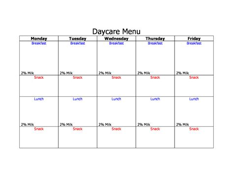 Printable Fillable Weekly Menu Template For Daycare Free Printable