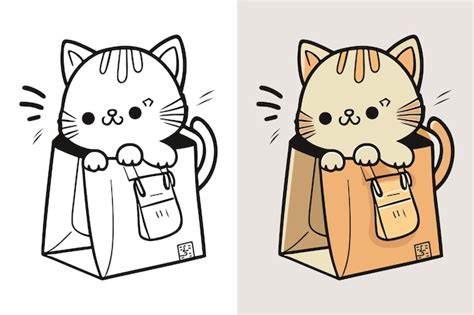종이 쇼핑백에 담긴 작은 고양이의 캐릭터 귀여운 고양이 고양이 만화 고양이 그리기 고양이 마스코트 프리미엄 벡터
