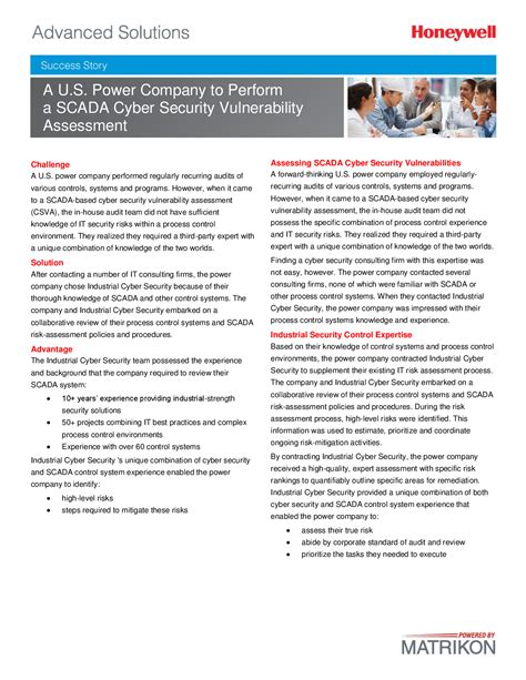 A U S Power Company To Perform A Scada Cyber Security Vulne