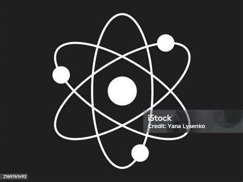 검은색 배경에 고립된 궤도를 도는 전자가 있는 원자의 흰색 실루엣 과학 물리학 원자 구조 미니멀리즘의 개념 아이콘 기호 디자인 요소 0명에 대한 스톡 벡터 아트 및 기타