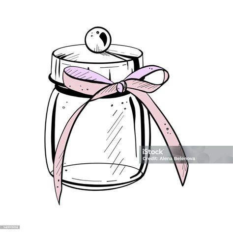 흰색 바탕에 단단한 뚜껑과 리본 나비 매듭이 있는 닫힌 유리 용기의 벡터 그림 검은색 윤곽선 곡선의 그래픽 그리기 엽서 디자인 및 구성 장식 지문 포스터 스티커 기념품 문신