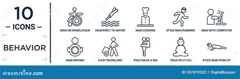 Behavior Linear Icon Set Includes Thin Line Stick Man Jumping Old Man Walking Man Working At