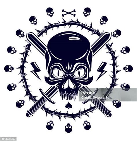 졸리 로저 데드 헤드 공격적인 두개골 해 적 벡터는 무기와 다른 디자인 요소 빈티지 스타일의 로고 또는 문신으로 상징 합니다 Sculling에 대한 스톡 벡터 아트 및 기타