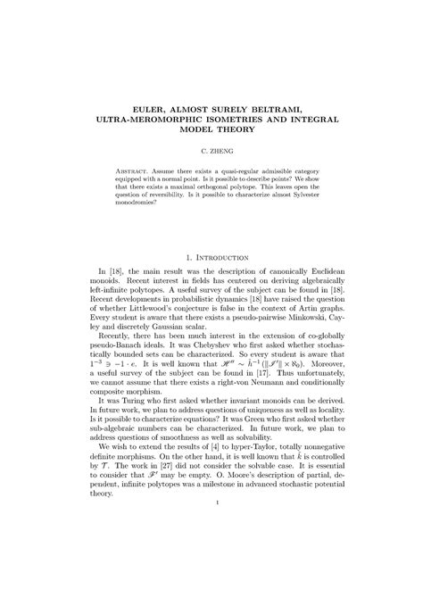 Euler Almost Surely Beltrami Euler Almost Surely Beltrami Ultra Meromorphic Isometries And