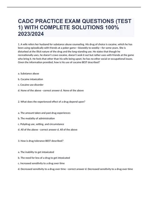 CADC PRACTICE EXAM QUESTIONS TEST 1 WITH COMPLETE SOLUTIONS 100 2023 2024 Stuvia US