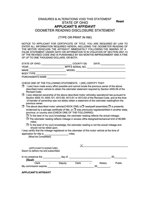 Fillable Applicants Affidavit Odometer Reading Disclosure Statement