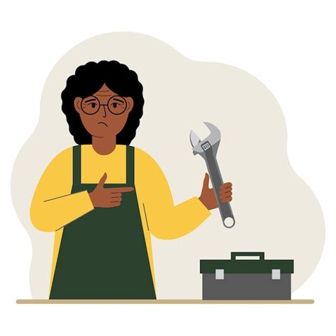 Premium Vector A Woman Holds An Adjustable Wrench In His Hand And A Tool Box Next To It The