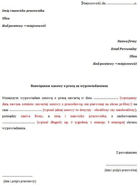 Wypowiedzenie Umowy O Pracę Przez Pracownika Wzór Wypowiedzenie