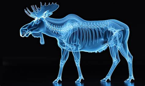 Xray Image Of A Moose Skeleton With Fur Standing On A Black Surface