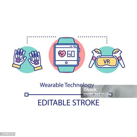 웨어러블 기술 컨셉 아이콘입니다 건강 추적 및 게임을위한 전자 휴대용 장치 하이테크 가제트 아이디어 얇은 라인 일러스트 벡터 절연 윤곽선 도면 편집 가능한 스트로크 0명에