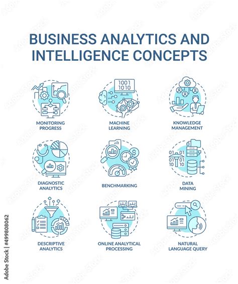 Business Analytics And Intelligence Turquoise Concept Icons Set Diagnostic Analysis Idea Thin