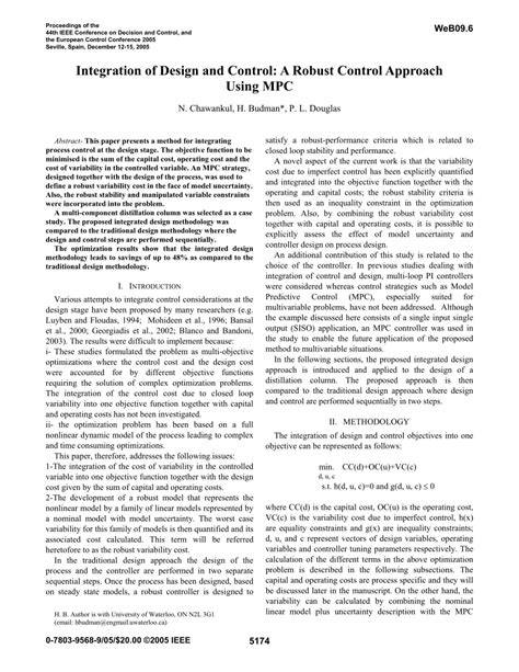 Pdf Integration Of Design And Control A Robust Control Approach
