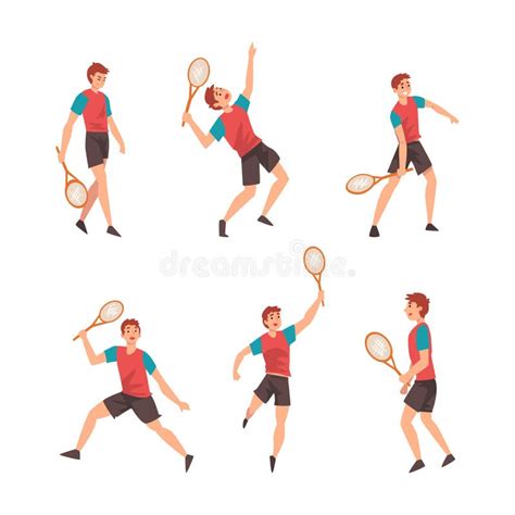 Man Character Playing Tennis As Racket Sport On Court Vector Set Stock