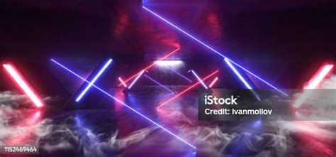 연기 무대 클럽 네온 불빛 미래 공상 과학 소설 보라색 파란색 열 모양 빛나는 활기찬 빈 공간 그런 지 콘크리트 터널 복도 단계 우주선 차고 지하철 3d 렌더링 0명에 대한