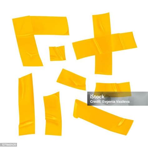 노란색 덕트 테이프 세트 흰색 배경에 격리 된 고정을위한 사실적인 노란색 접착 테이프 조각 접착제 십자가 코너 및 종이 붙어 사실적인 3d 벡터 일러스트레이션 3차원 형태에