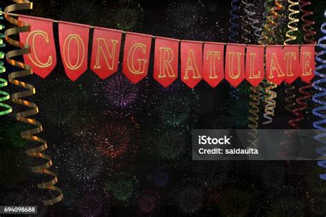 리본 테이프와 단어와 붉은 깃발 축 하 밤하늘의 불꽃놀이 배경 골드 밧줄 3 차원 일러스트 레이 션 공휴일에 대한 스톡 사진 및 기타 이미지 Istock