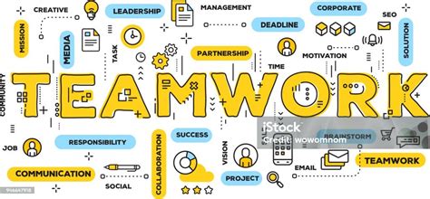 창조적인 그림 황색 팀워크 단어 문자 라인 아이콘 및 태그 클라우드 흰색 배경에 인쇄 술의 벡터 작업 사람들이 함께 개념 개념에 대한 스톡 벡터 아트 및 기타 이미지