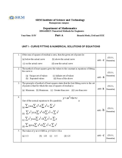 Mcq 21mab206t Numerical Methods For Engineers ` Srm Institute Of Science And Technology