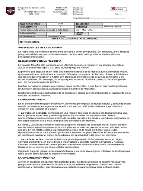 Guia 1 Origen De La Filosofia Tercero Medio Pdf Mitología Griega