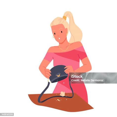 쓰레기로 열린 핸드백을 들고있는 충격을받은 소녀 드레스를 입은 슬픈 젊은 여성은 돈이 없다 개념에 대한 스톡 벡터 아트 및 기타 이미지 Istock