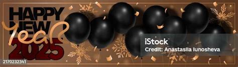 새해 복 많이 받으세요 2025 풍선 눈송이 금색과 검은색의 축하 텍스트가 있는 가로 포스터 벡터 3d 그림입니다 12월 31일에 대한 스톡 벡터 아트 및 기타 이미지