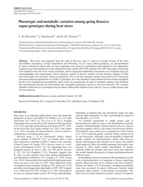 Pdf Phenotypic And Metabolic Variation Among Spring Brassica Napus
