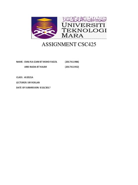 Assignment Csc425 Name Emilysa Izani Bt Mohd Fadzil 2017411986 Anis
