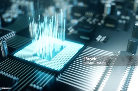 3d 그림 컴퓨터 칩 인쇄 회로 보드에 프로세서 했다 클라우드로 데이터 전송의 개념입니다 인공 지능의 형태로 중앙 프로세서입니다 데이터 전송 3차원 형태에 대한 스톡 사진