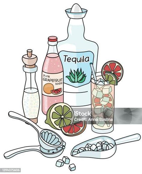 낙서 만화 팔로마 칵테일과 재료 구성 실버 데킬라와 핑크 자몽 소다 소금 라임 및 얼음 스쿱 한 병 바 메뉴 스티커 또는 알코올 요리 책 조리법 감귤류 과일에 대한 스톡