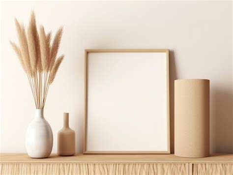 Premium Ai Image Pampas Grass In Vase And Vertical Frame On Wooden Shelf