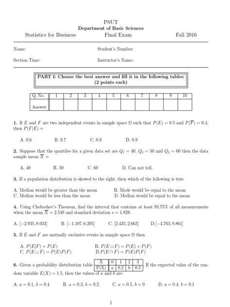 Psut Statistics Final Exam Review Pdf Statistical Hypothesis