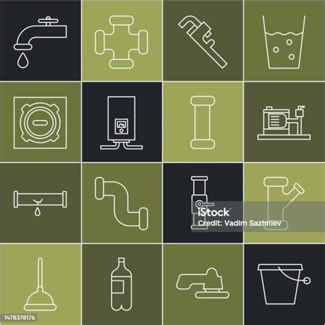 세트 라인 버킷 산업 금속 파이프 전기 워터 펌프 파이프 조정 렌치 불타는 불이 있는 가스 보일러 맨홀 하수도 뚜껑 수도꼭지 및 아이콘 벡터 거리에 대한 스톡 벡터 아트 및