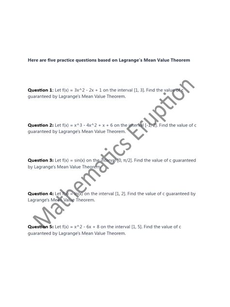Lagranges Mean Value Theorem Practice Questions Pdf