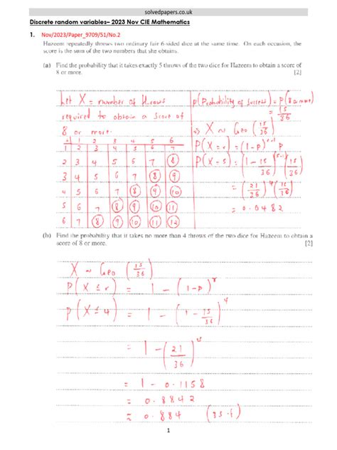 2023n Discrete Random Variables As Math 9709 Solved Pdf