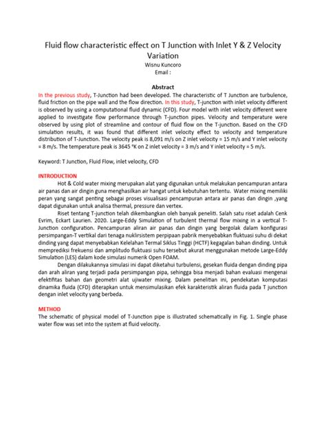 Fluid Flow Characteristic Effect On T Junction With Inlet Velocity Pdf