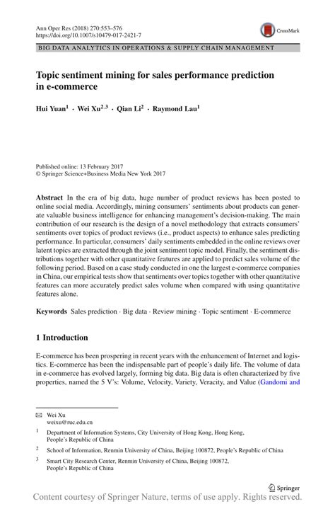 Topic Sentiment Mining For Sales Performance Prediction In E Commerce Request Pdf