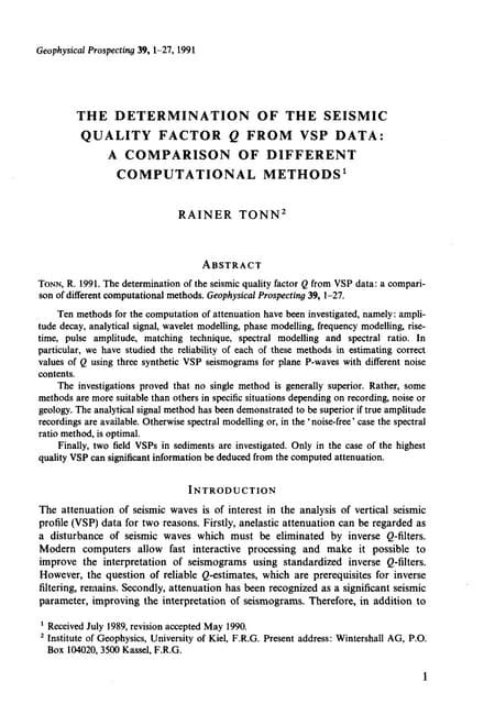 The Determination Of The Seismic Quality Factor Q From Vsp Data A Comparison Of Different