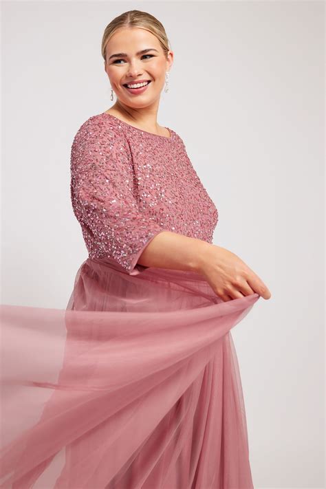 Luxe Plus Size Dark Pink Sequin Hand Embellished Maxi Dress Yours